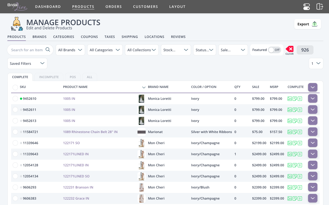 Manage Your Products – BridalLive